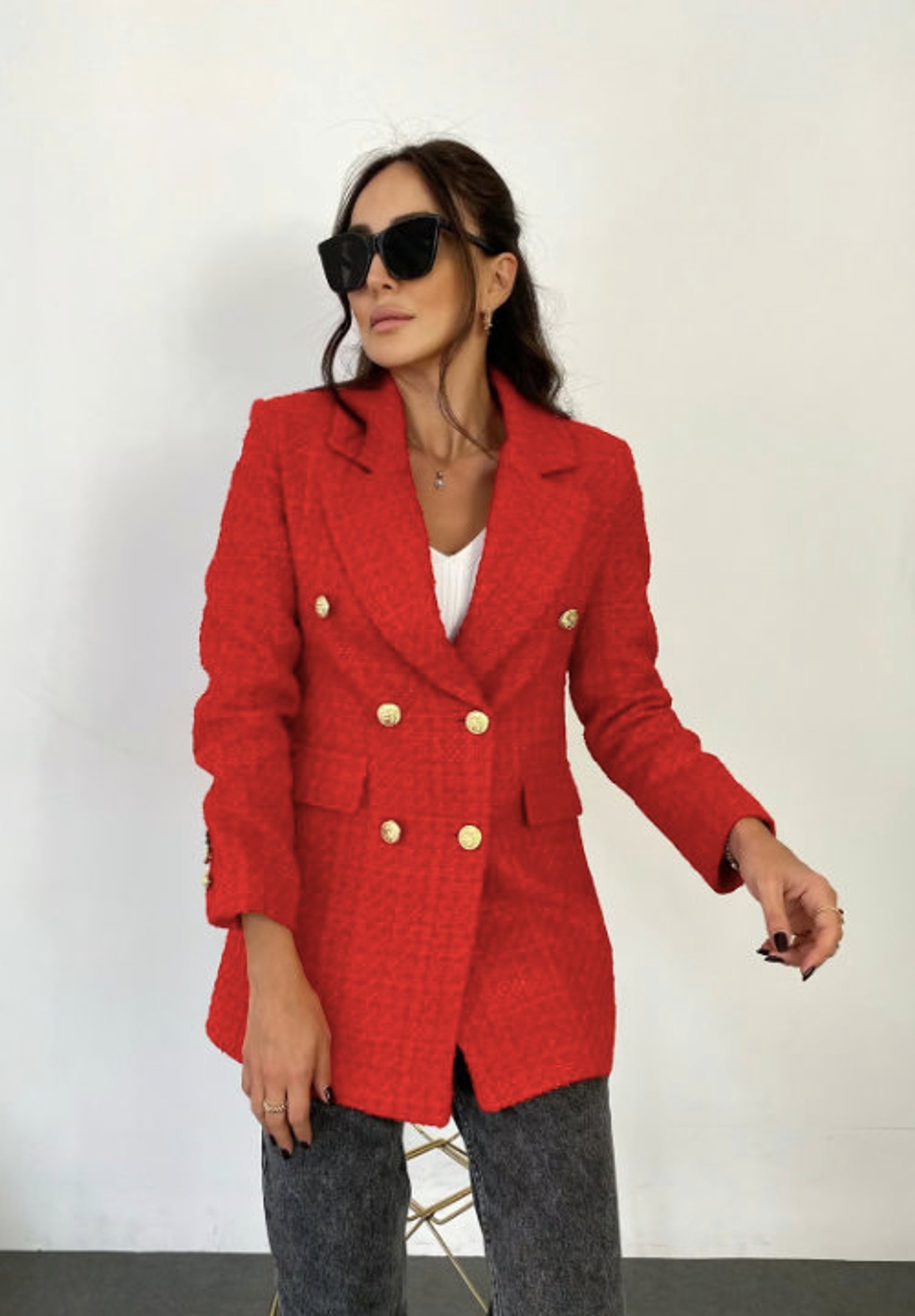 Red Tweed Jacket Women, Boucle Jacket, Long Tweed Blazer, Boucle Long ...