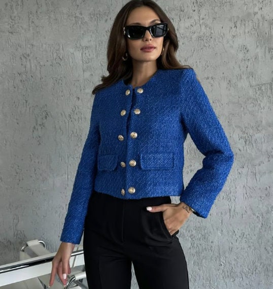 Green Tweed Jacket Women, Blue Tweed Blazer Women, Boucle Jacket ,wool ...