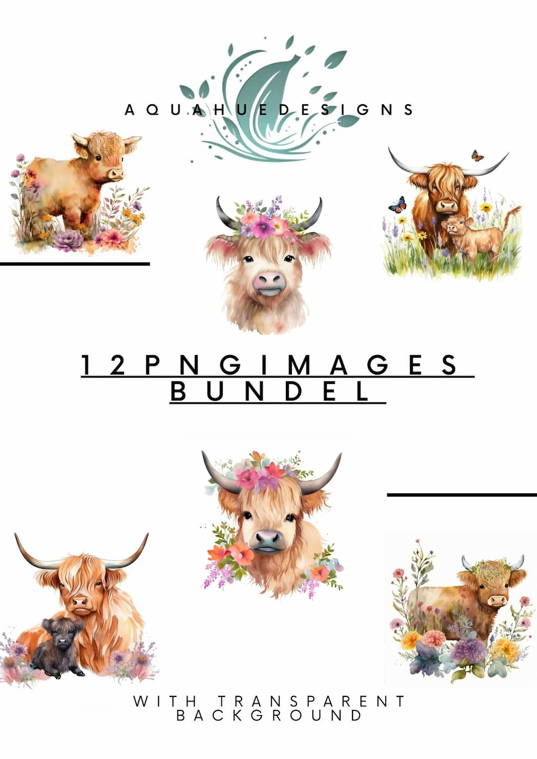 Highland Cow Clipart, 12 Transparent PNG Images ,watercolor Clipart ...
