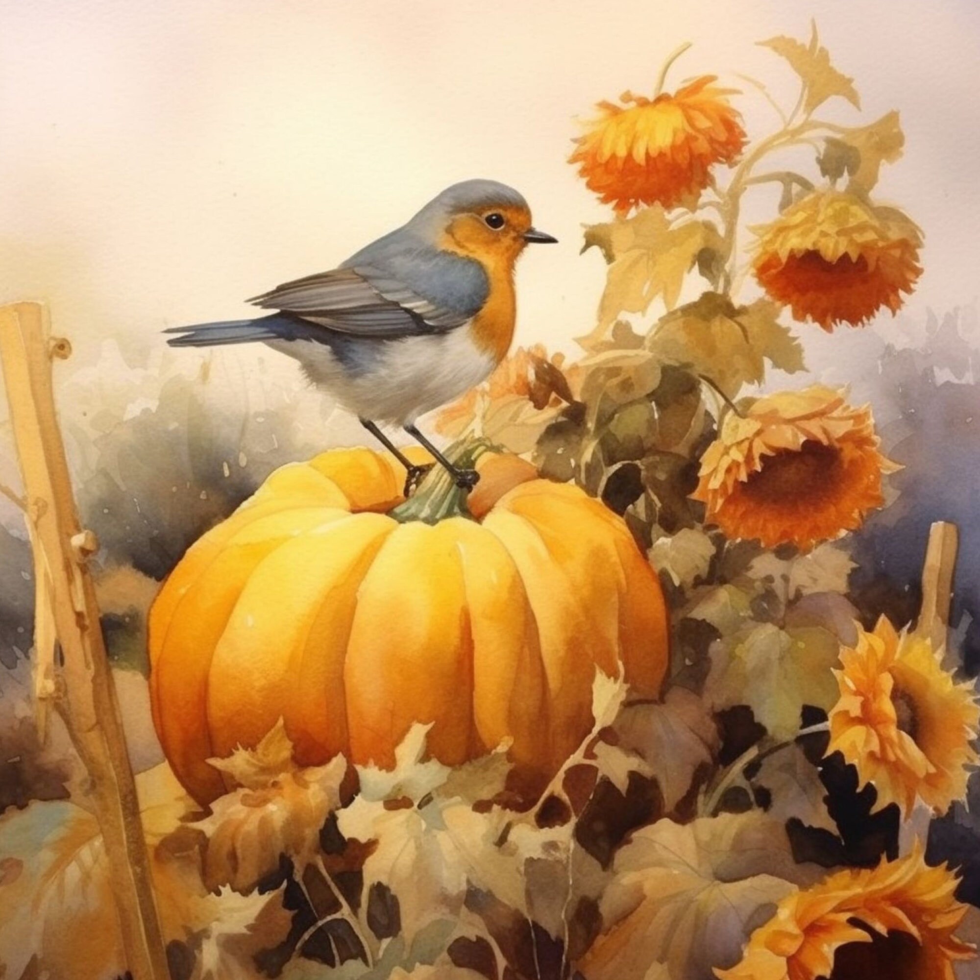 English Robin in the Fall Pumpkin and Sunflowers Set of Four - Etsy