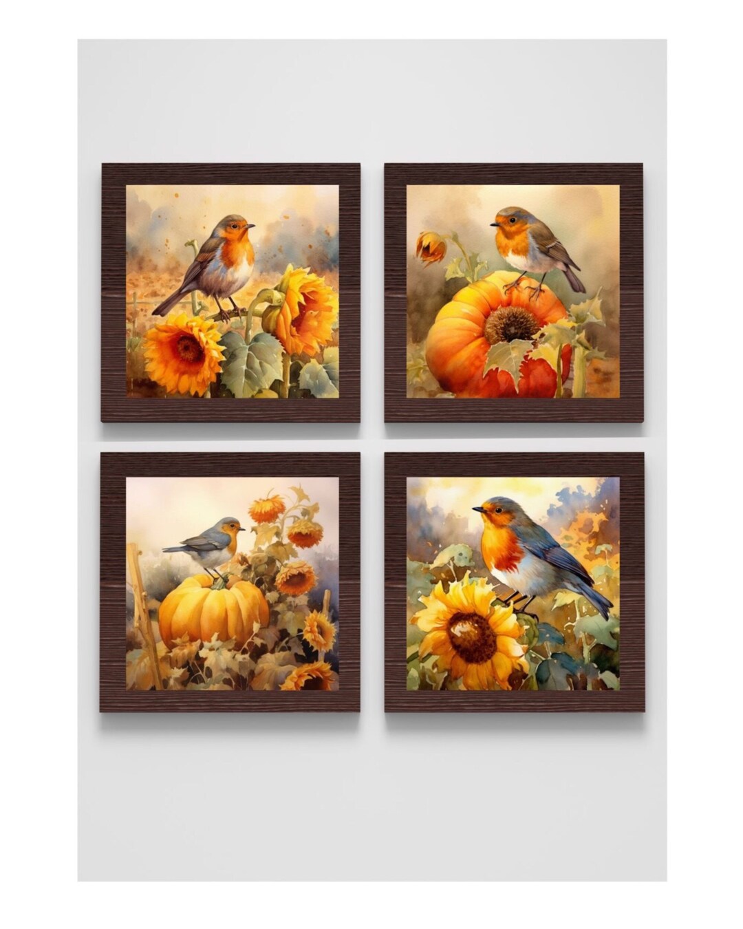English Robin in the Fall Pumpkin and Sunflowers Set of Four - Etsy