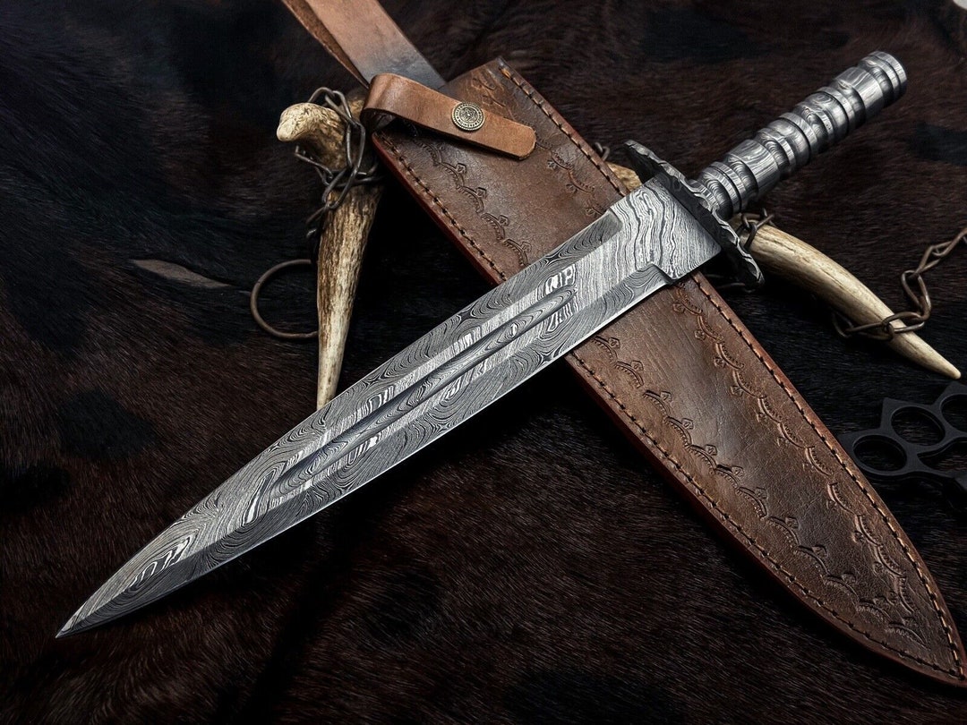 Handmade Dagger Knife With Leather Sheath, Beautiful Damascus Steel ...
