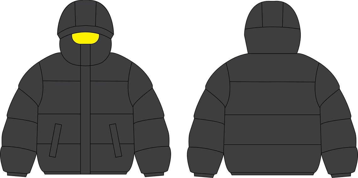 Hooded Puffer Jacket Technical Drawing Streetwear Mock-up Template for ...
