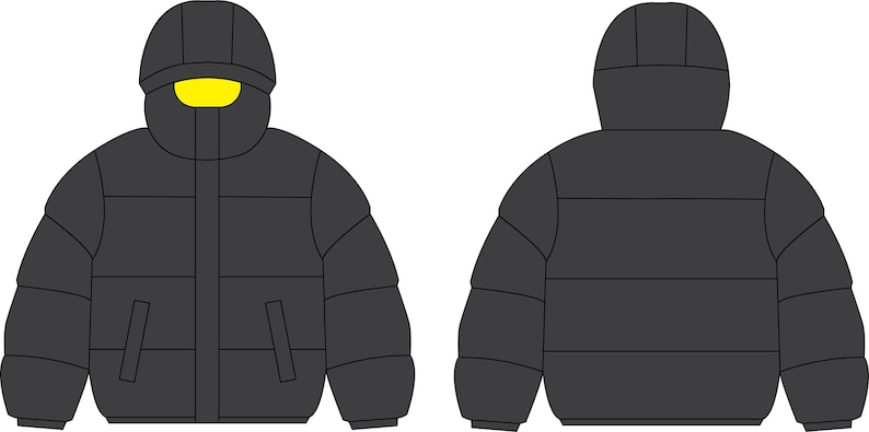 Hooded Puffer Jacket Technical Drawing Streetwear Mock-up Template for ...