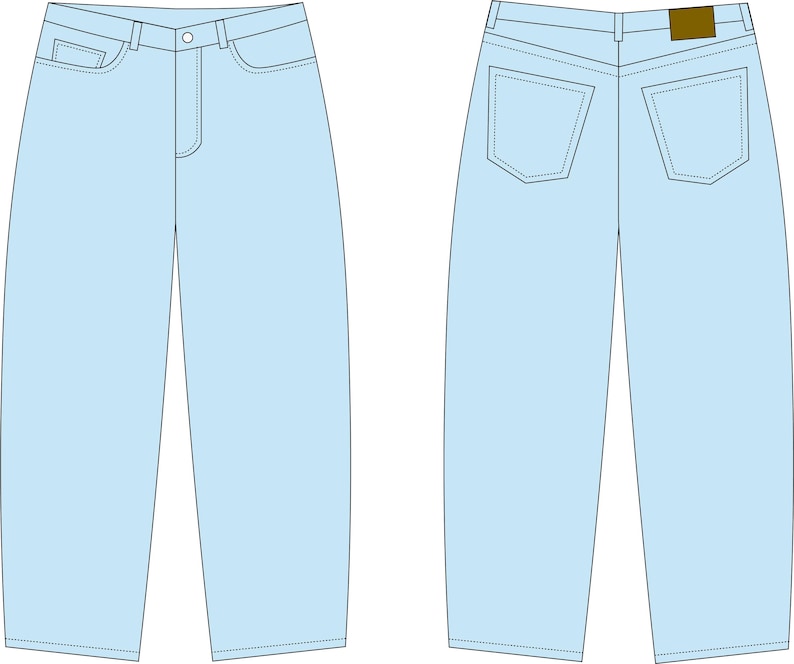 Baggy Denim Jeans Technical Drawing Streetwear Mock-up Template for ...