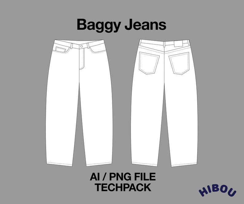 Baggy Denim Jeans Technical Drawing Streetwear Mock-up Template for ...