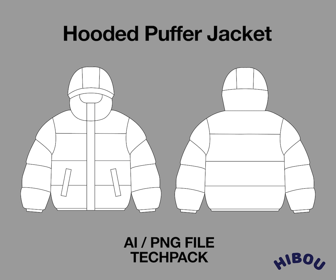 Hooded Puffer Jacket Technical Drawing Streetwear Mock-up Template for ...