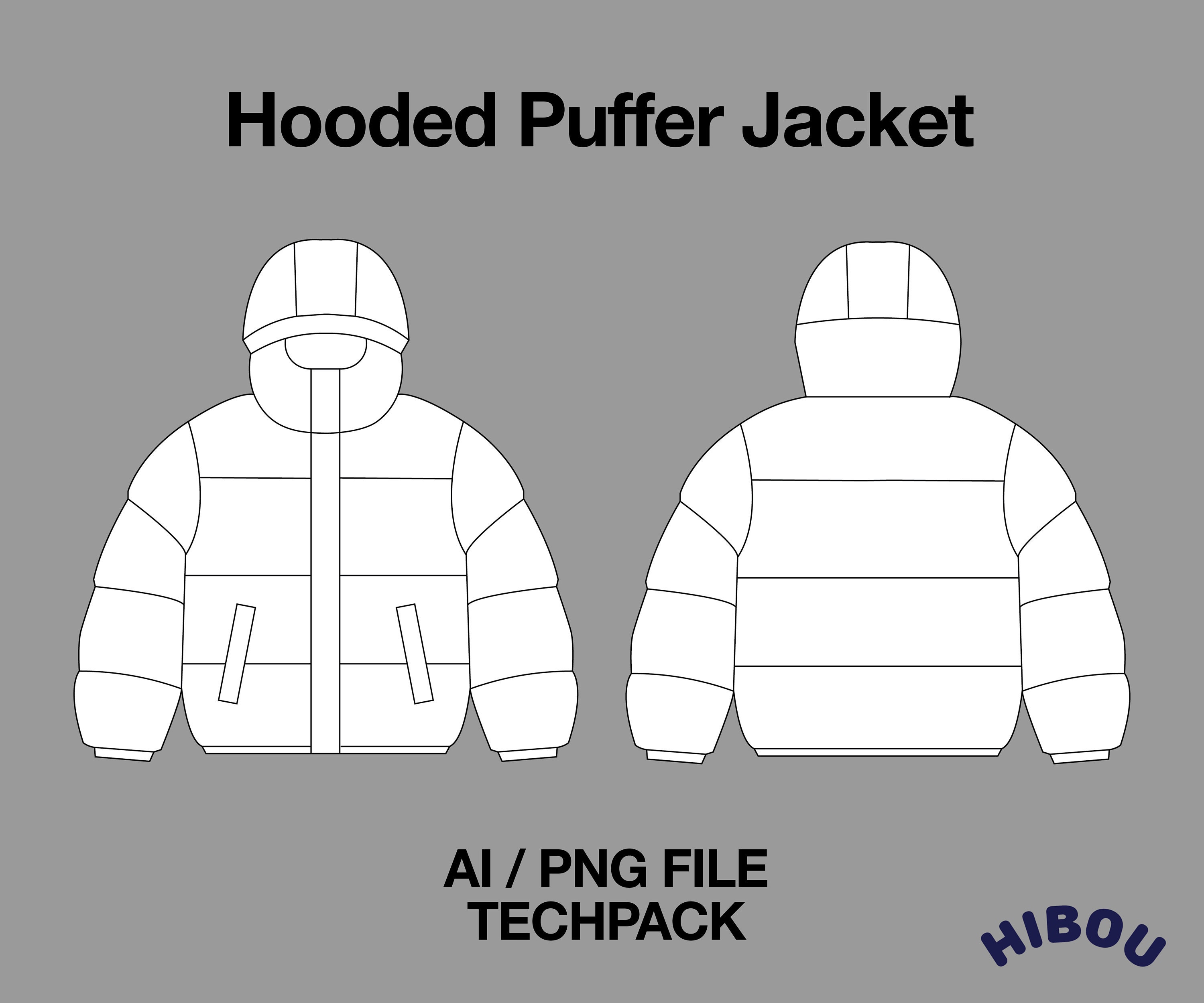 Hooded Puffer Jacket Technical Drawing Streetwear Mock-up Template for ...