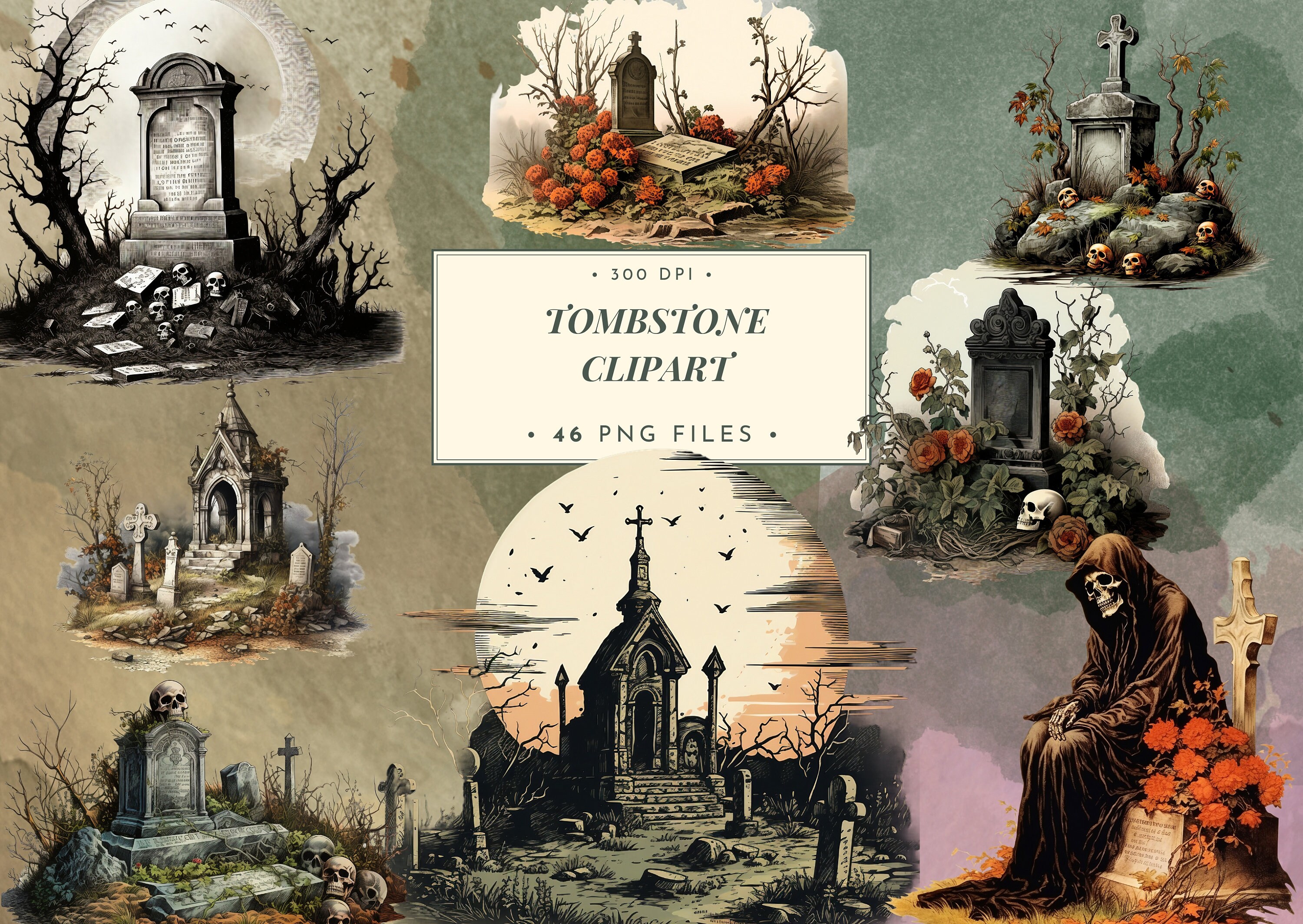 Vintage Tombstone Clipart Bundle Halloween Clip Art Halloween PNG Tombstone Clipart Digital ...