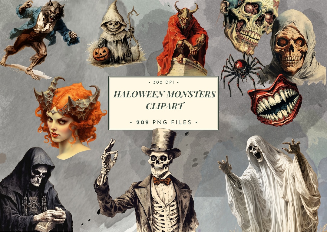 Vintage Monsters Clipart Bundle Halloween Clip Art Halloween PNG ...