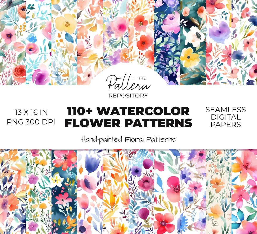 Beautiful Watercolor Floral Digital Paper - 110+ Seamless Patterns Pack ...
