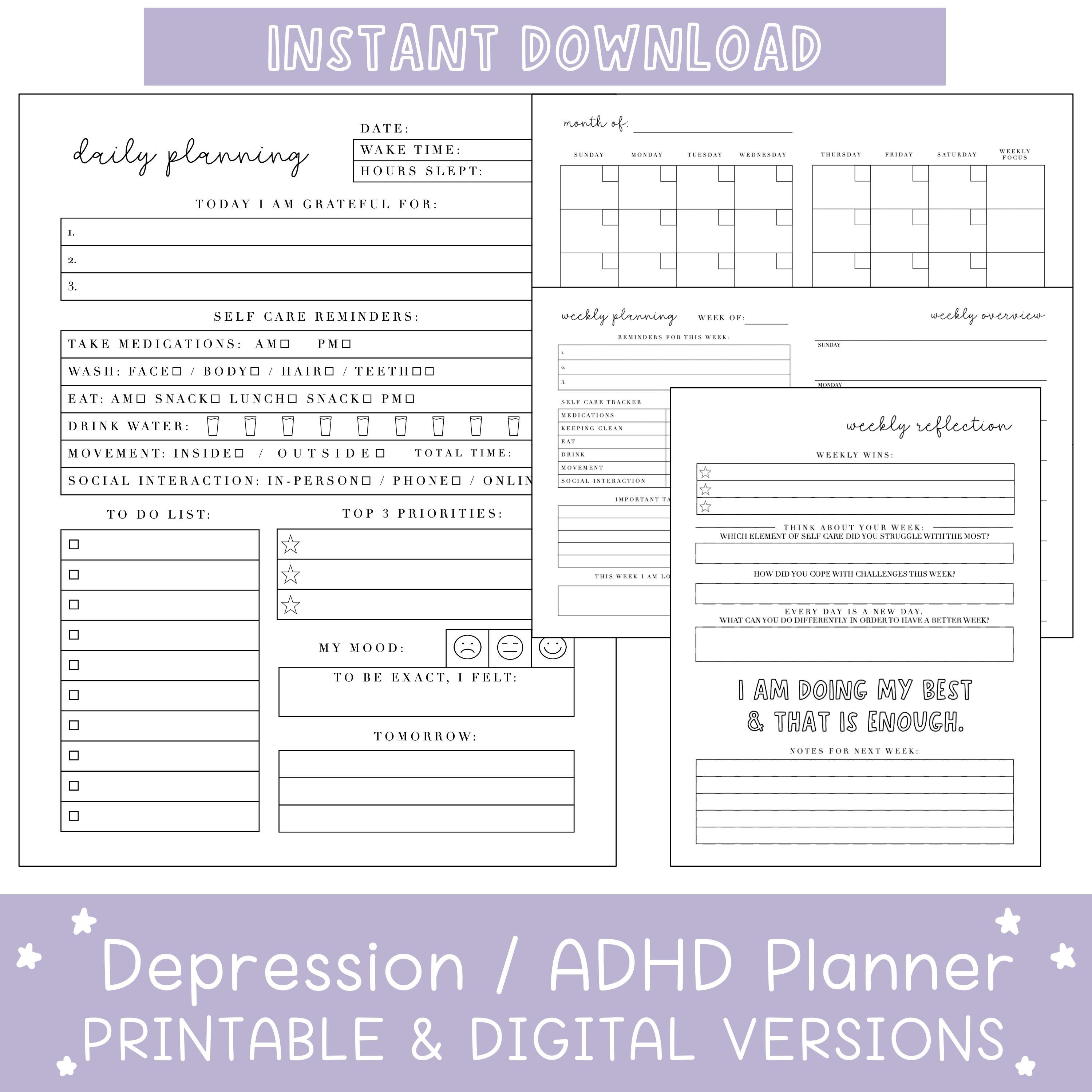 Depression Anxiety ADHD Planner - Printable & Digital - Monthly, Weekly ...
