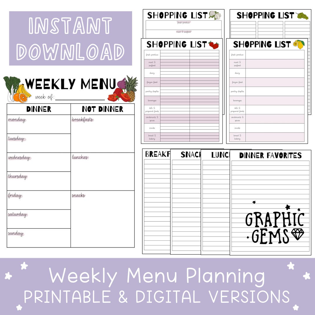 Weekly Meal Menu Planner & Grocery Shopping List - Printable and ...