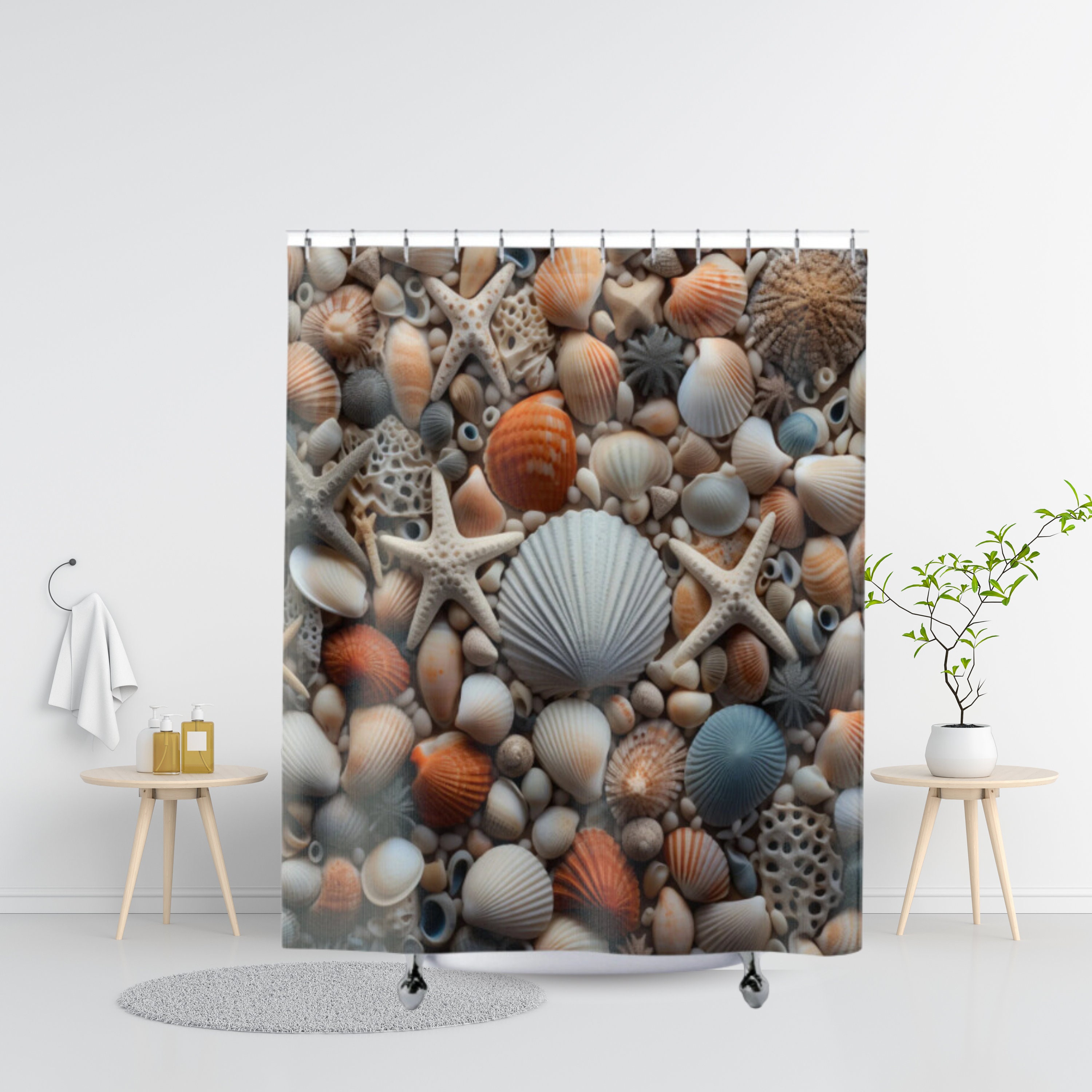 Sea Shells Shower Curtain Seaside Print Bathroom Tub Seashells Curtain ...