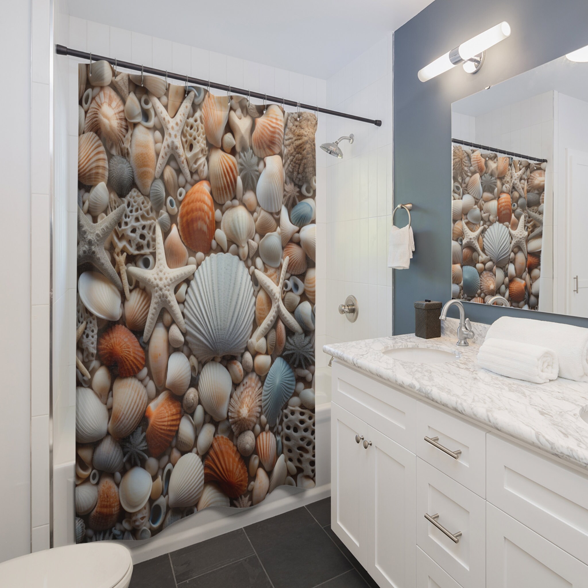 Sea Shells Shower Curtain Seaside Print Bathroom Tub Seashells Curtain ...