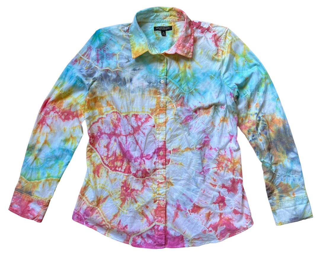 Ice Dyed Tie Dye Button Up, Women's Collared Shirt, Rainbow Hand Dyed ...