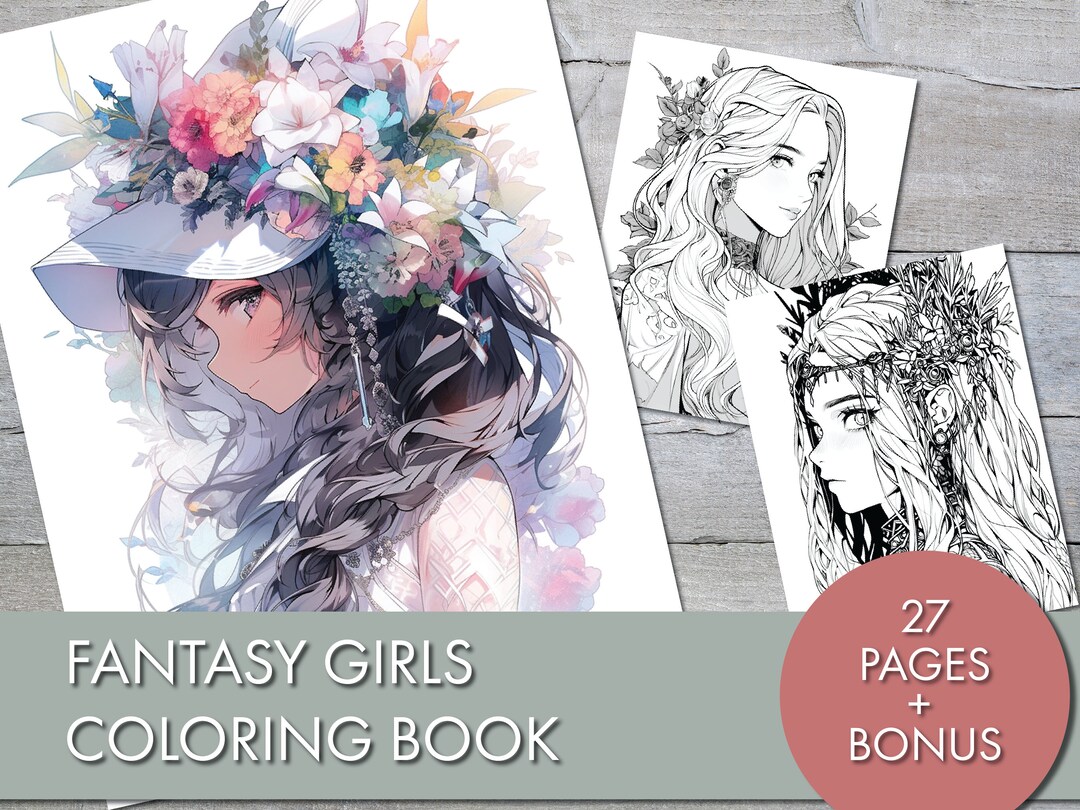 Fantasy Girls Coloring Book, Adult Kids Coloring, Printable, Anime ...