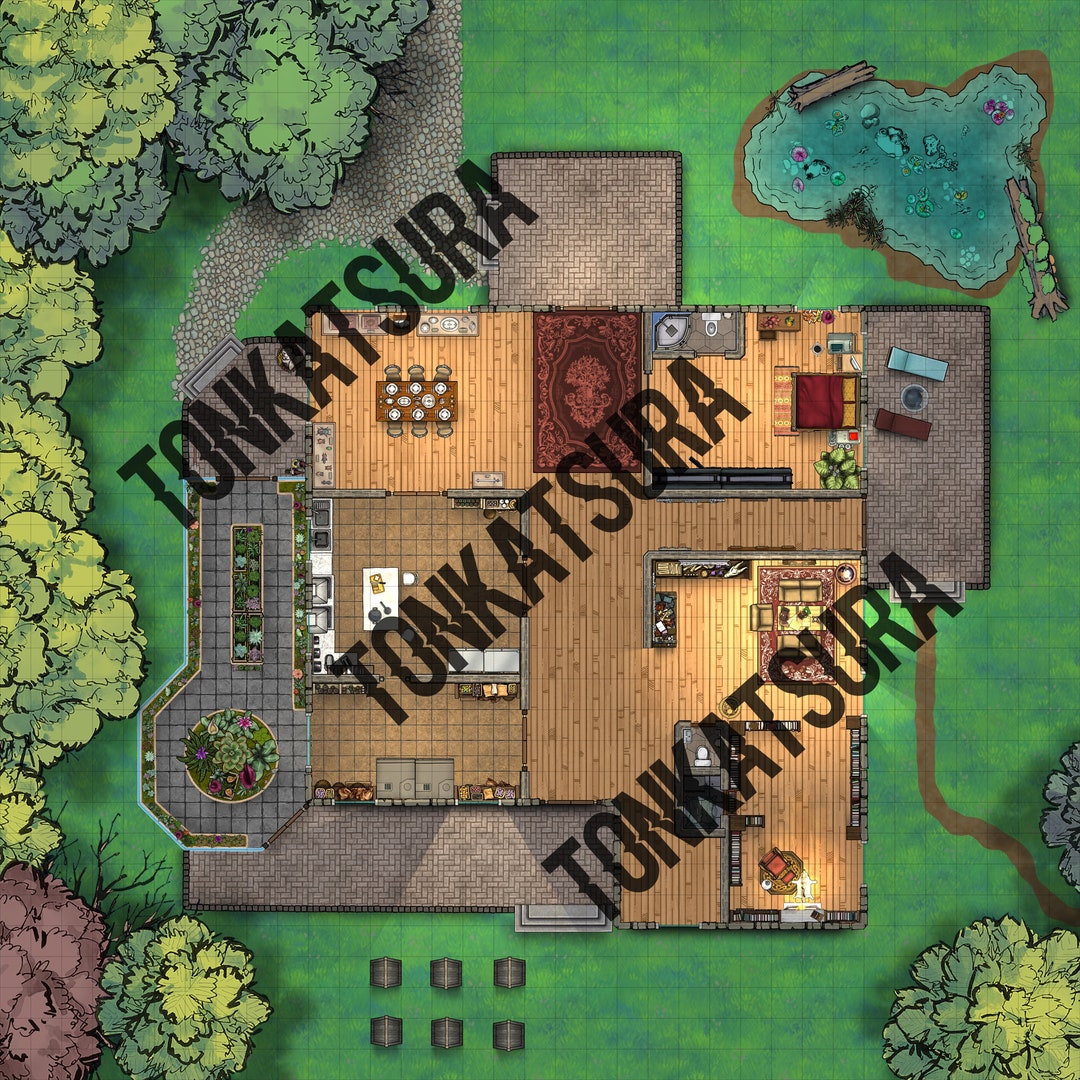 Modern Mansion With Hidden Greenhouse in the Cellar TTRPG Map - Etsy