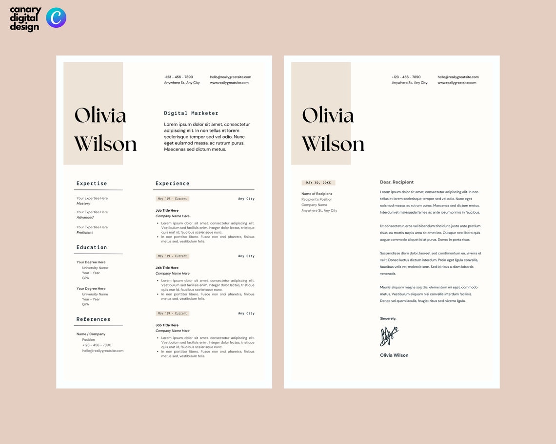 Modèle de CV, CV Canva au format A4 PDF, CV de 2 pages et lettre de ...