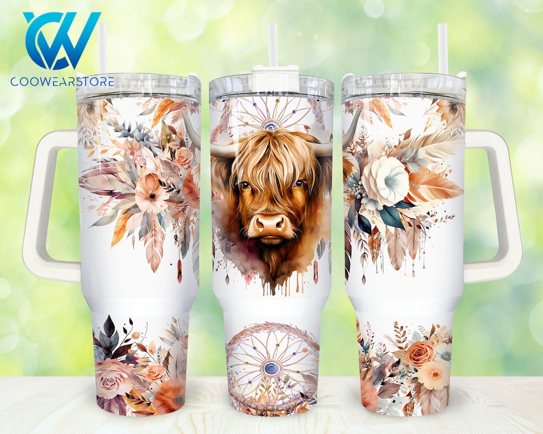 Highland Cow 40oz Tumbler Wrap Png, Boho Floral Highland Cow 2 Pieces ...