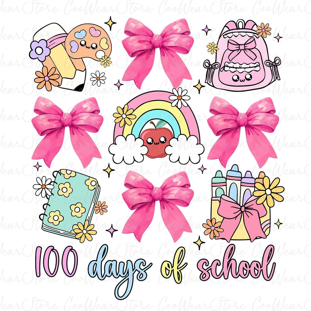 100 Days of School Coquette Png, Teacher 100 Days Png, Coquette Bow 100 ...