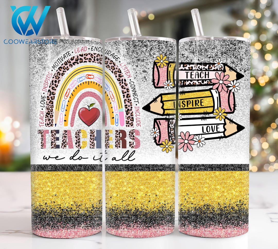 Rainbow Teacher 20 Oz Skinny Tumbler Png, Glitter Pencil Teacher 20oz ...