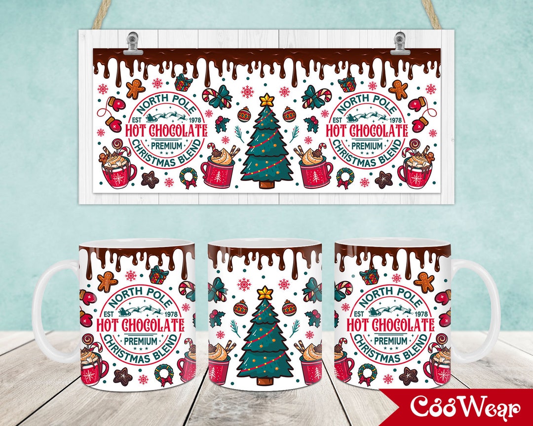 Christmas Hot Chocolate Mug Wrap, 11oz & 15oz Mug Template, Christmas ...