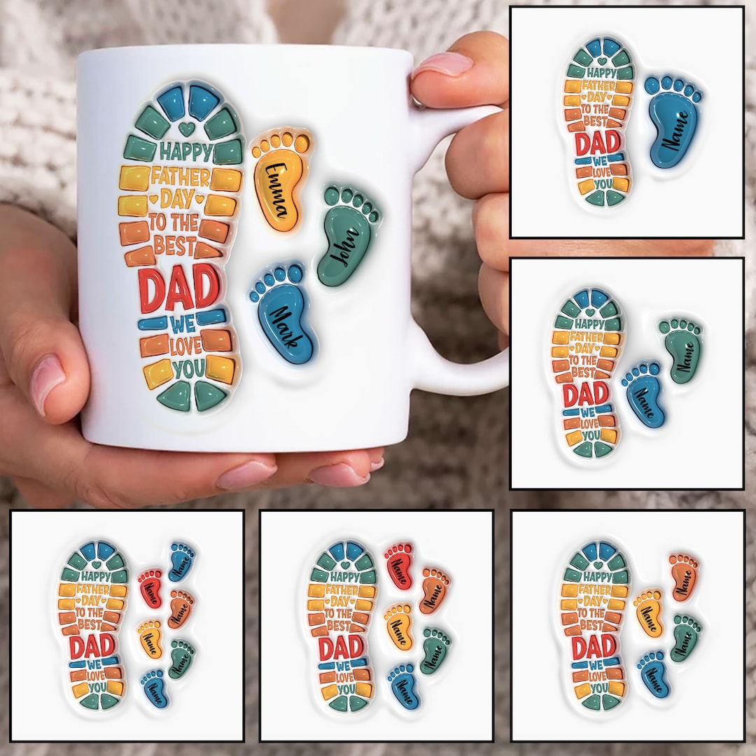 Personalized Dad up to 6 Kids Footprint Mug Wrap, Dad 3D Inflated 11oz ...