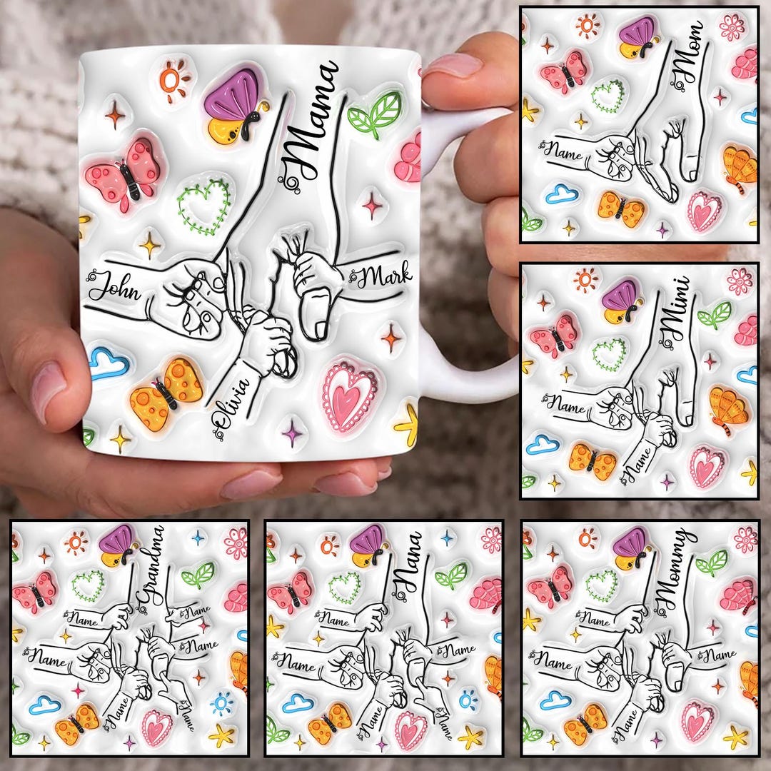 Custom up to 6 Kids Holding Mom‘s Hand 3D Inflated Mug Wrap, 11oz Mug ...