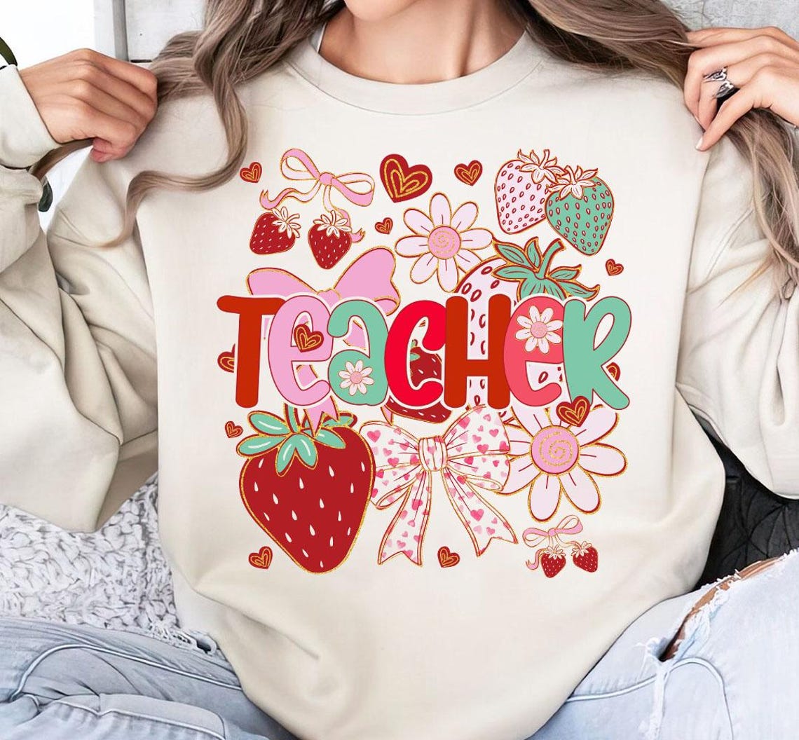 Retro Teacher Strawberry Glitter Png, Cute Strawberry Floral Teacher ...