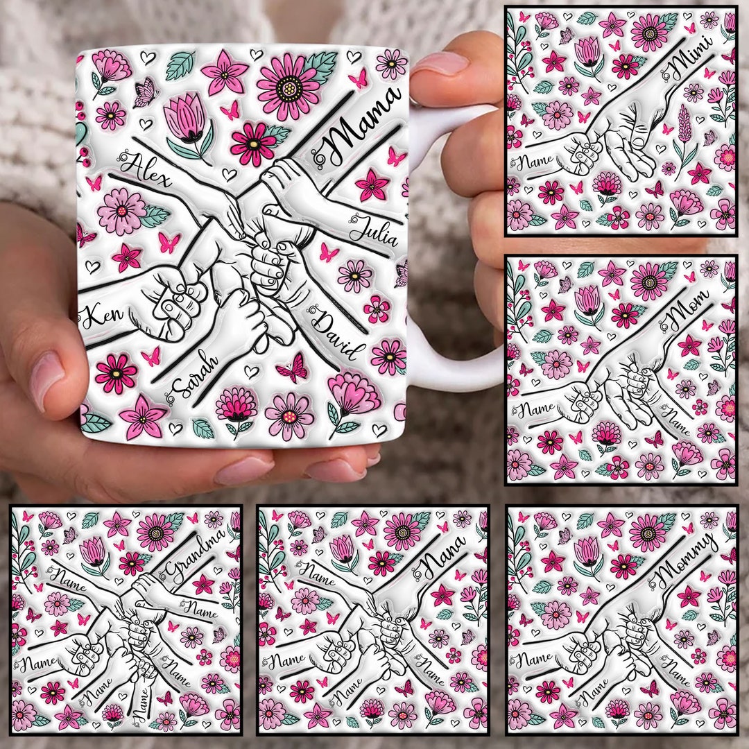 Custom up to 6 Kids Holding Mom‘s Hand 3D Inflated Mug Wrap, 11oz Mug ...