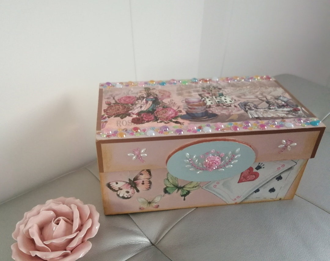 Large Wooden Souvenir Whimsy Box or Jewelry Box. Alice in Wonderland. Tea Time Theme. the Rabbit ...
