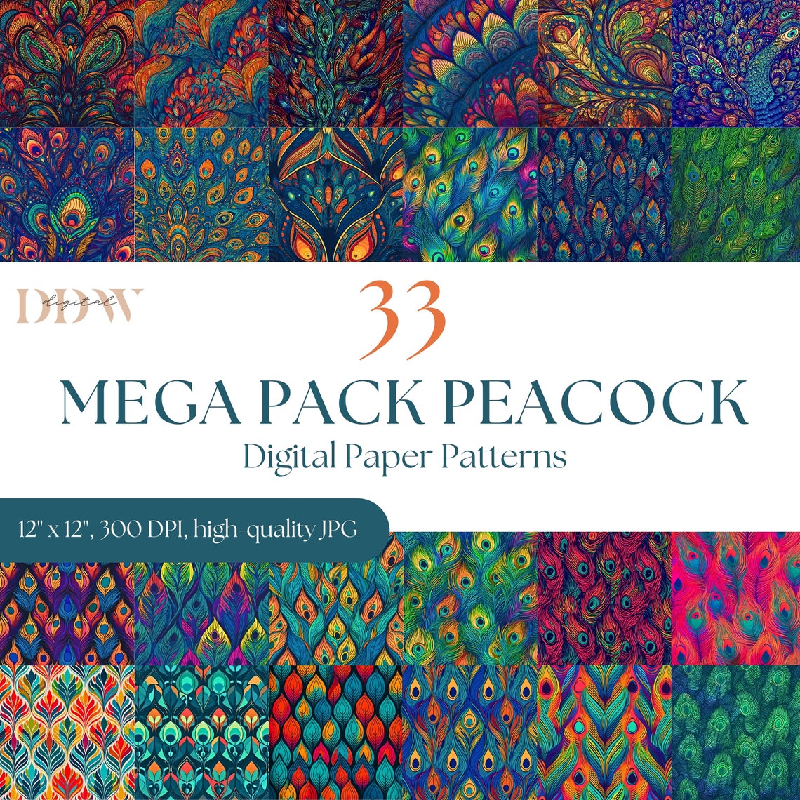 33 Mega Pack Peacock Feathers Digital Paper Pack 12x12inches 300DPI ...
