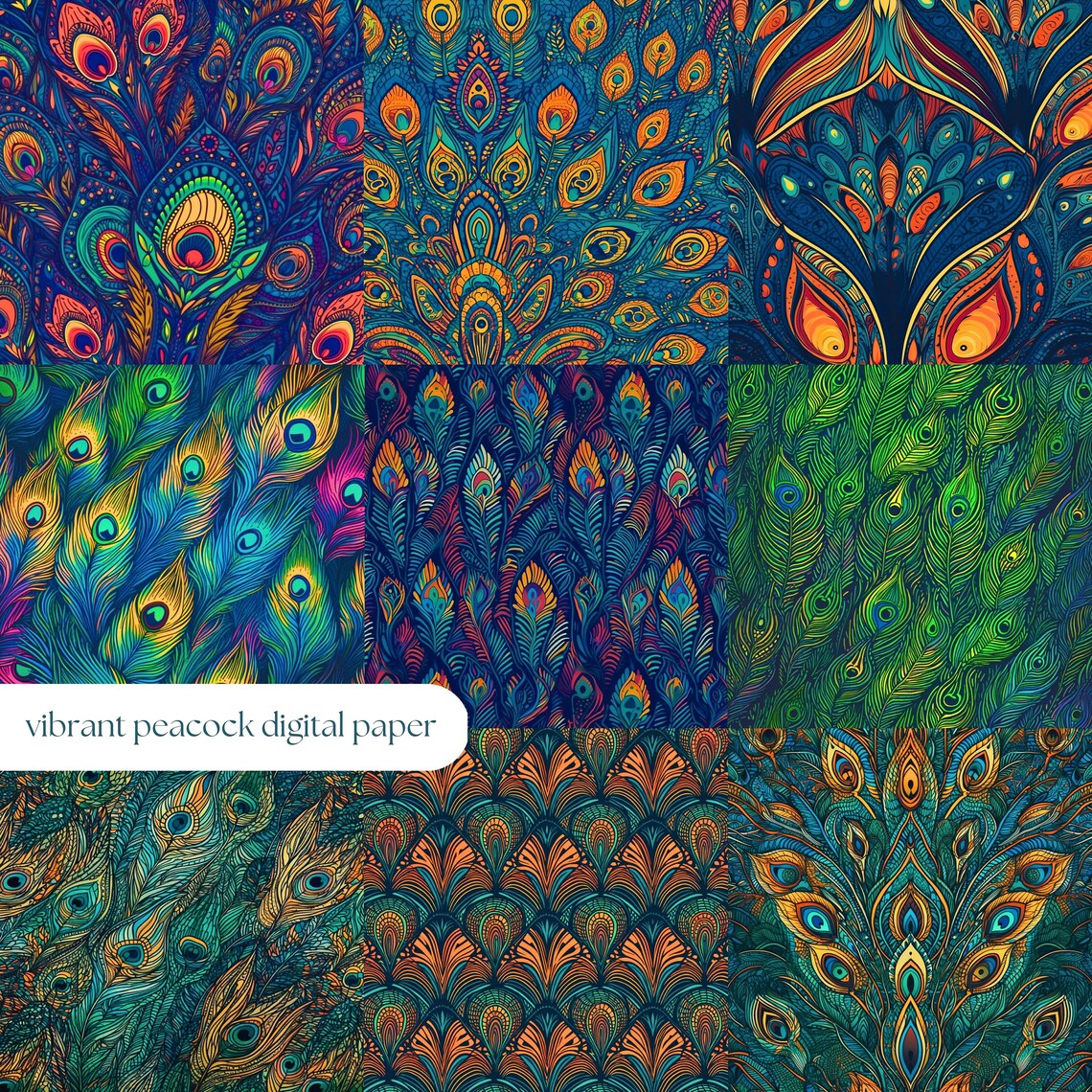 33 Mega Pack Peacock Feathers Digital Paper Pack 12x12inches 300DPI ...