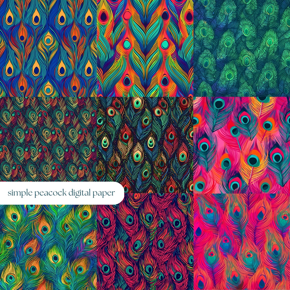 33 Mega Pack Peacock Feathers Digital Paper Pack 12x12inches 300DPI ...