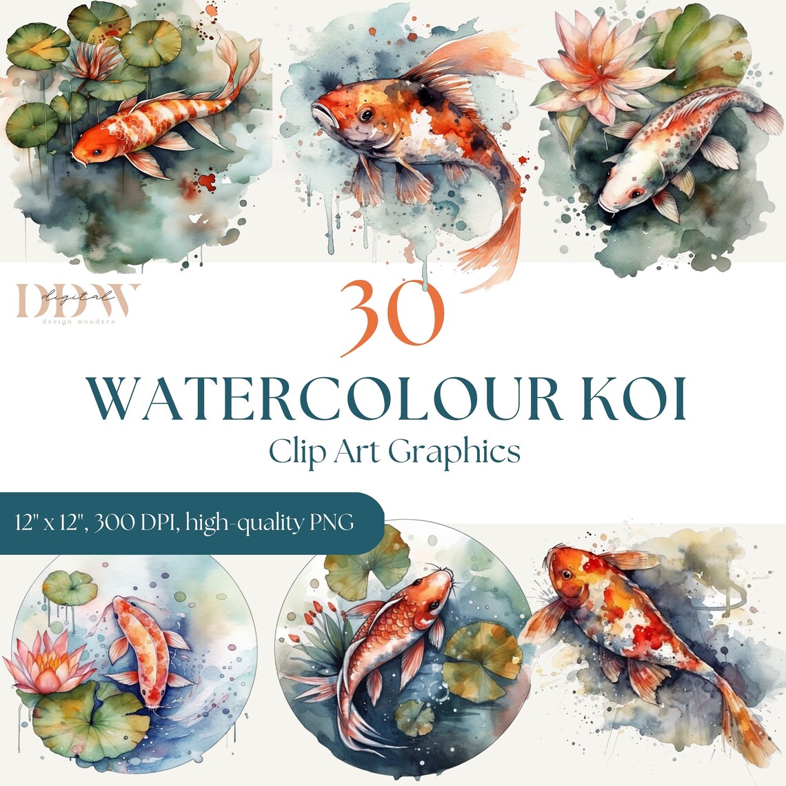 Watercolor Koi Fish Pond Clipart Bundle - 12x12in - Commercial Use - Etsy
