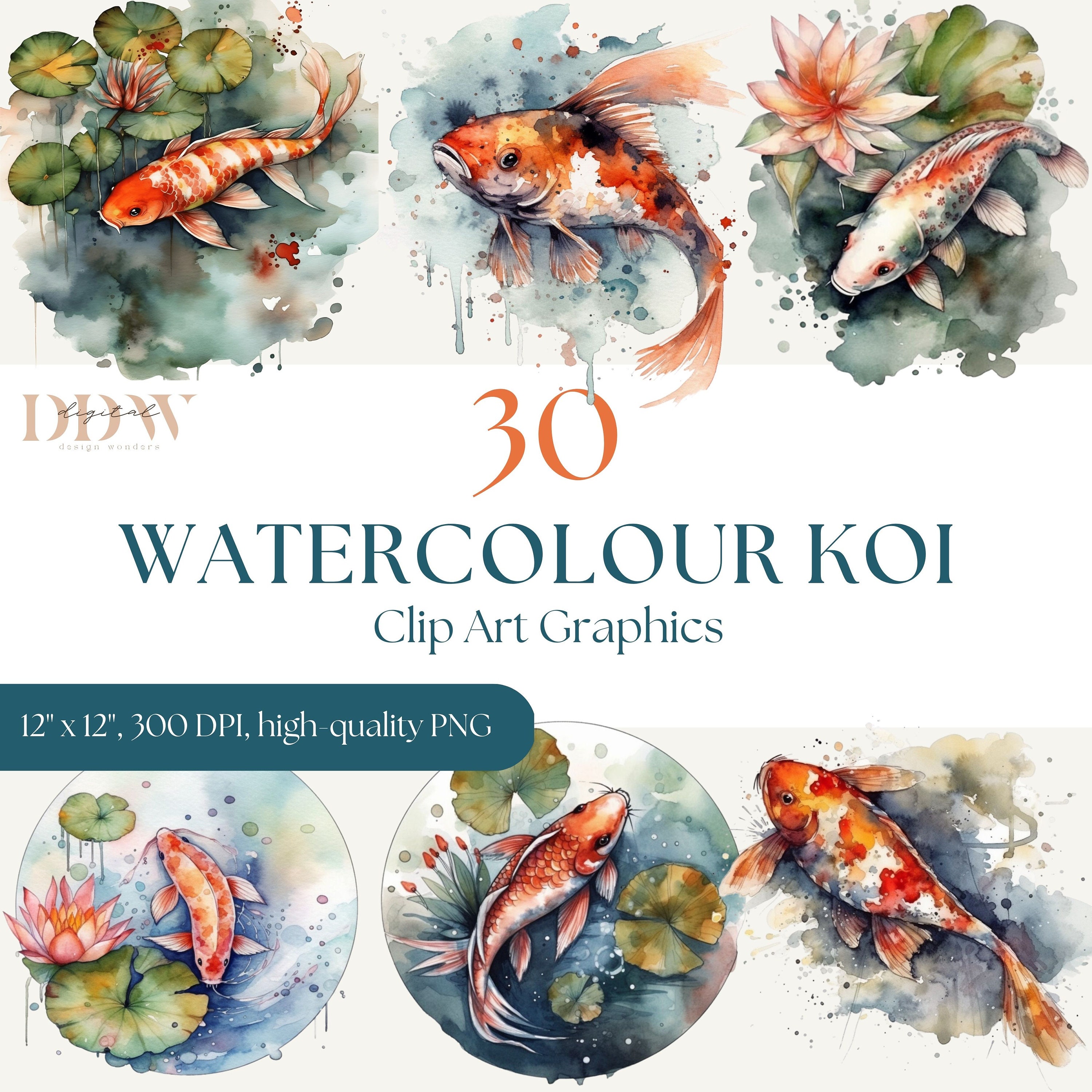 Watercolor Koi Fish Pond Clipart Bundle - 12x12in - Commercial Use - Etsy