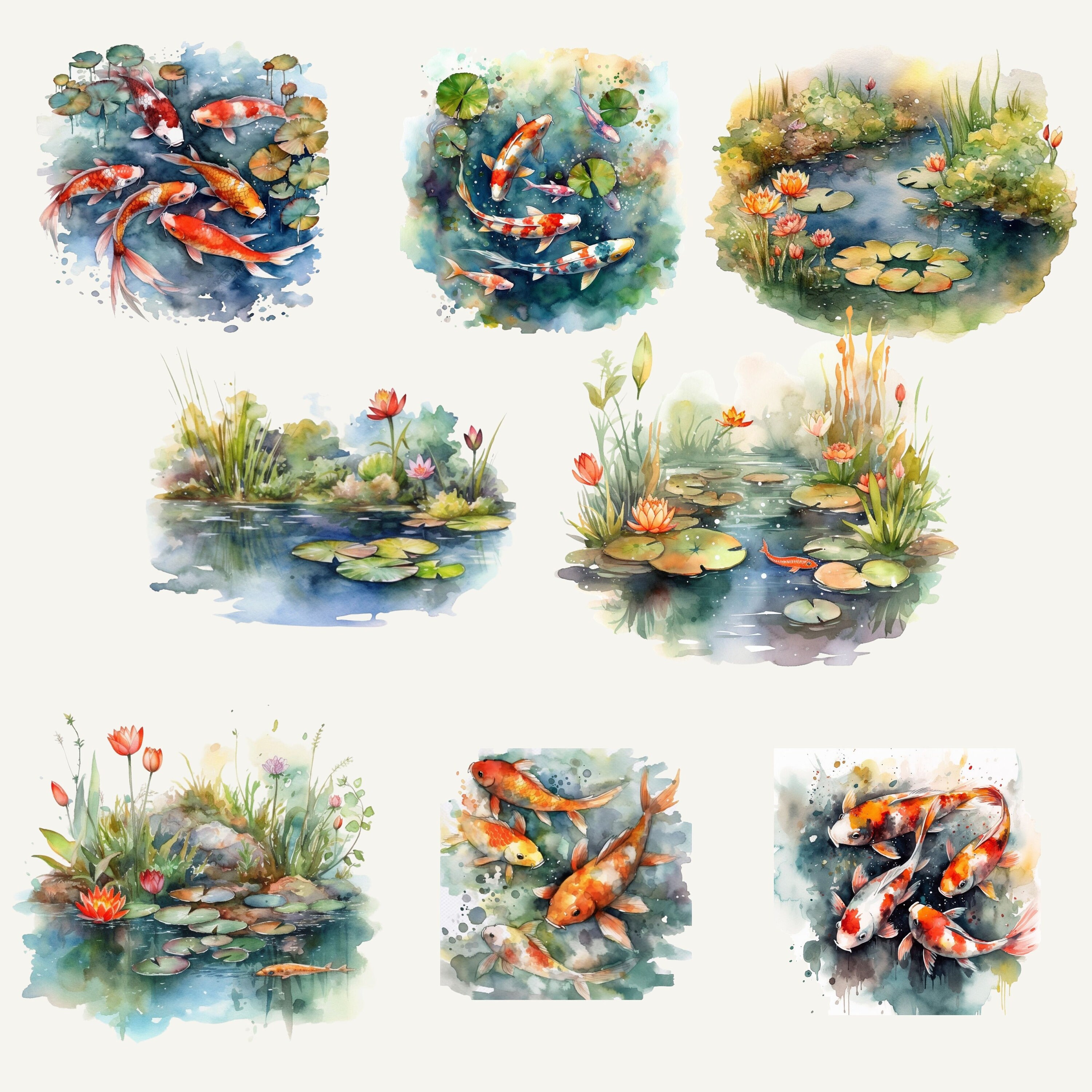 Watercolor Koi Fish Pond Clipart Bundle - 12x12in - Commercial Use - Etsy