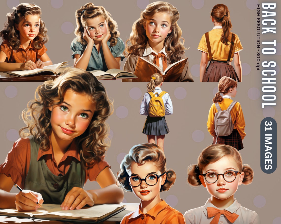 Vintage School Girl Clipart: Retro Back to School Pngs (31 Images) - Etsy