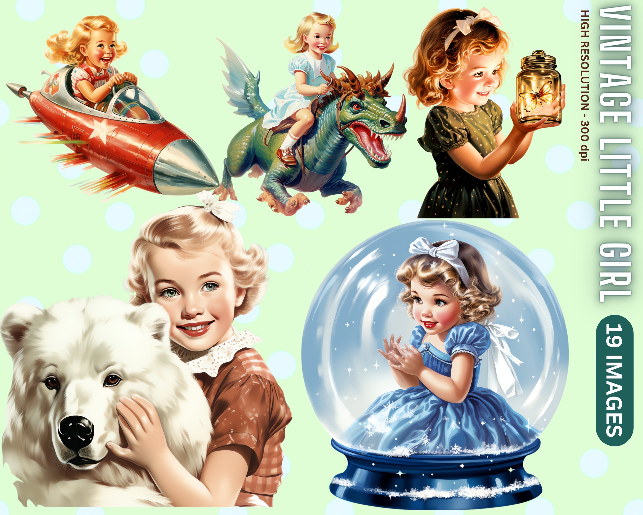 Vintage Little Girl Clipart Set: Retro 1950s Illustrations (18 PNG ...