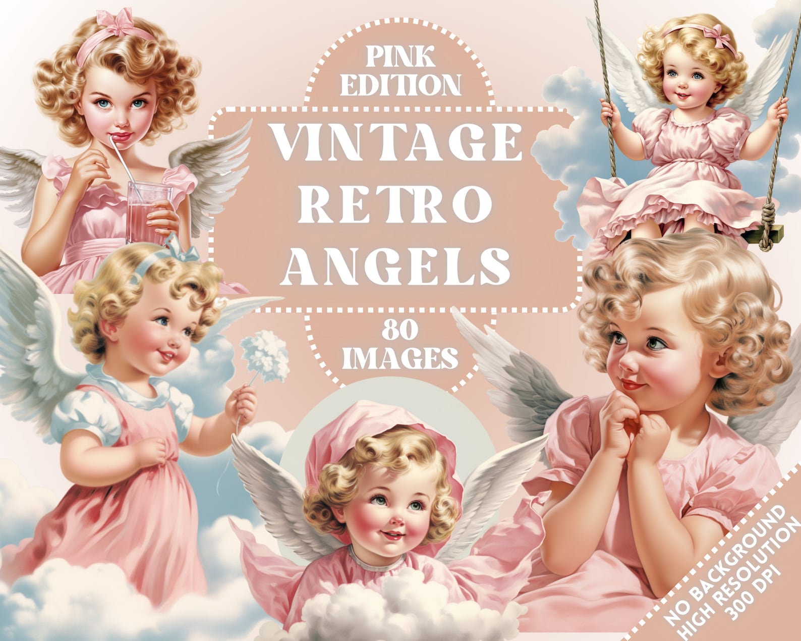 Vintage Angels Clipart: 80 Retro Girl Illustrations (PNG, Commercial ...