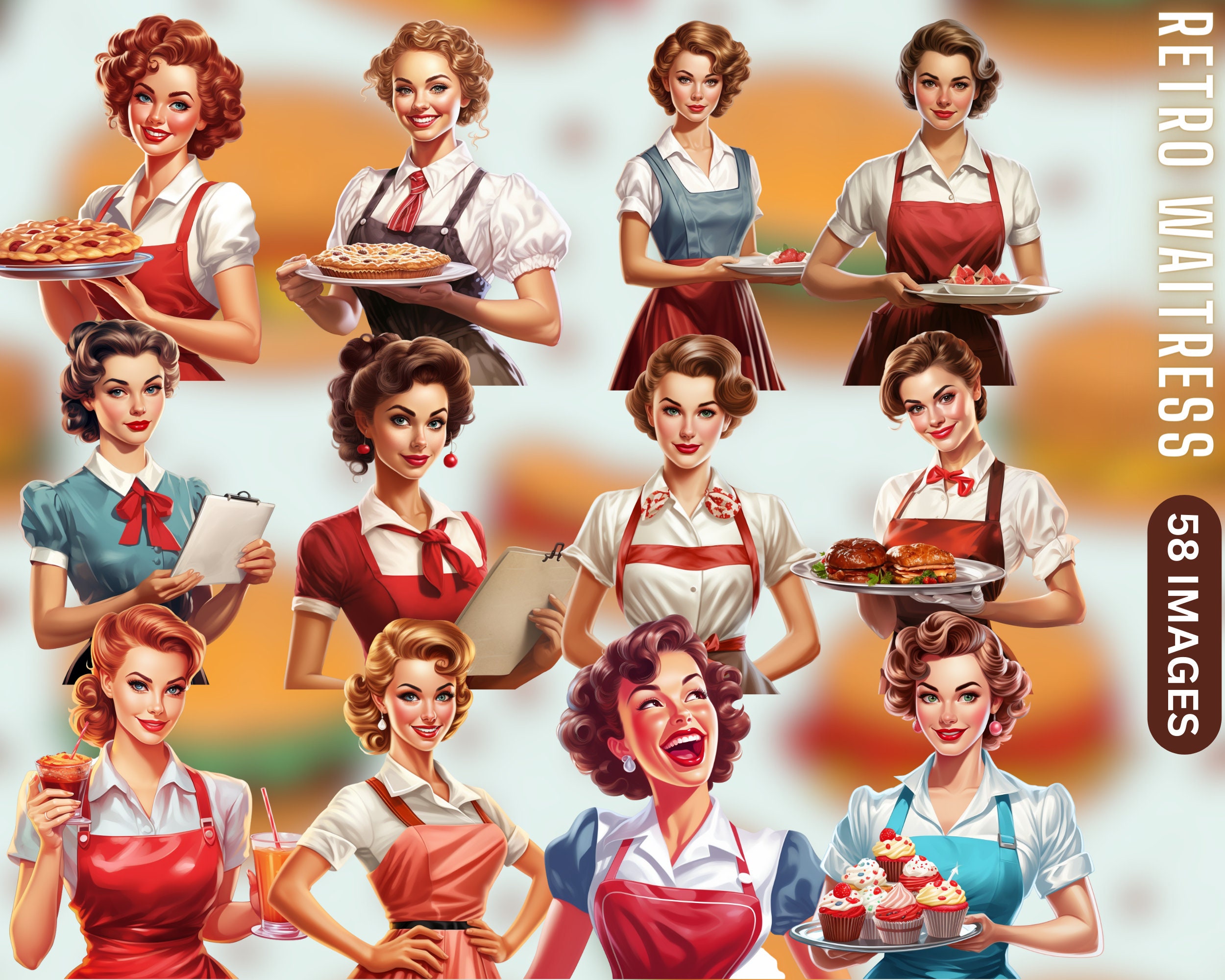 Retro Waitress Clipart: 50s Diner Pngs, Vintage Food Server Art ...