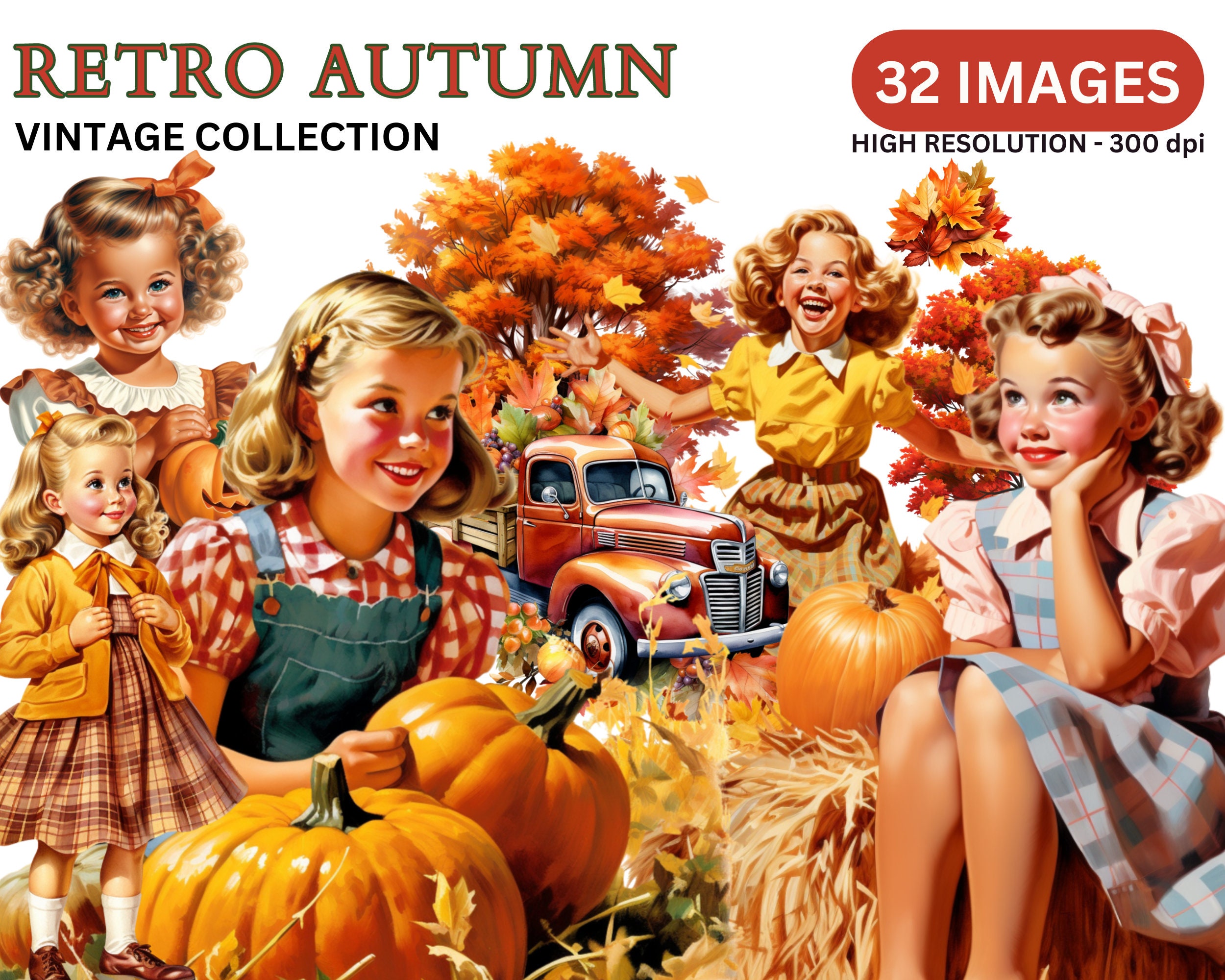 Retro Autumn Clipart - Vintage 1950s Clip Art, Old School Clipart, Fall ...