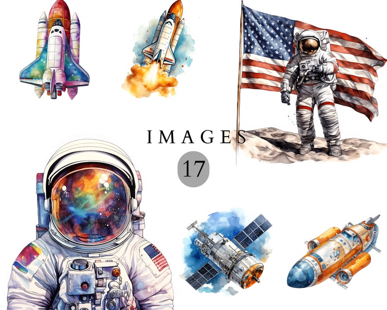 Astronaut and Space Watercolor Clipart, Watercolor Planets Clipart ...