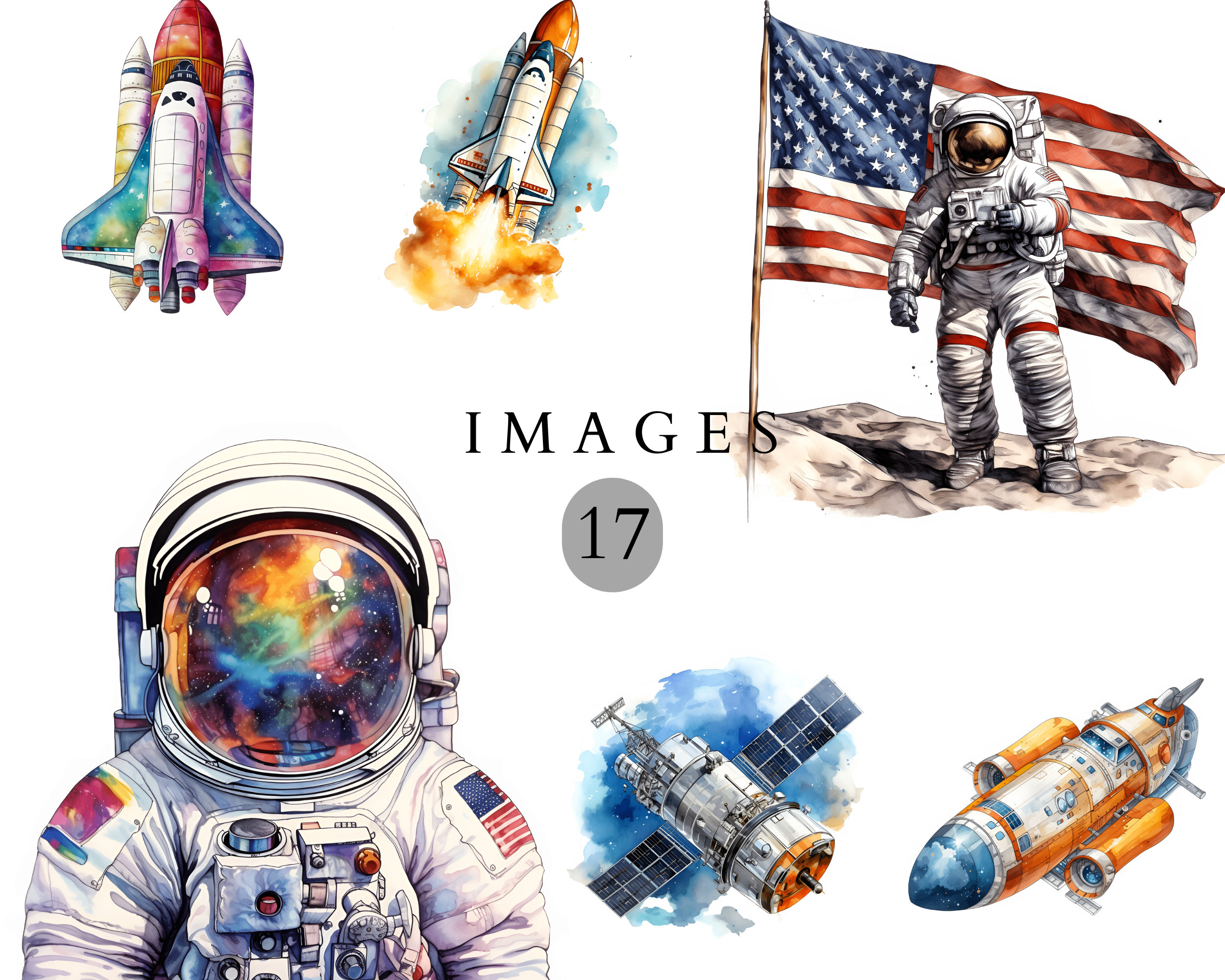Astronaut and Space Watercolor Clipart, Watercolor Planets Clipart ...