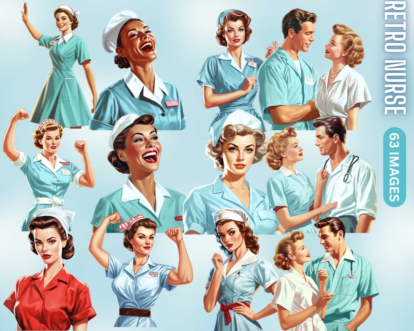 Retro Nurse Clipart Bundle 50s PNG Vintage Nurse Clip Art, Junk Journal ...