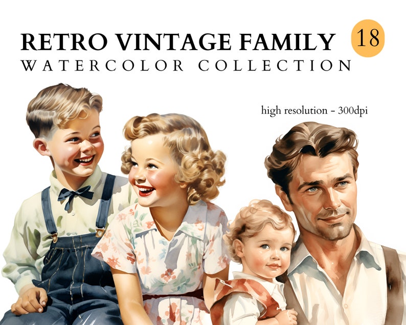 Retro and Vintage Family Watercolor Clipart - 1950s Clip Art, Retro ...