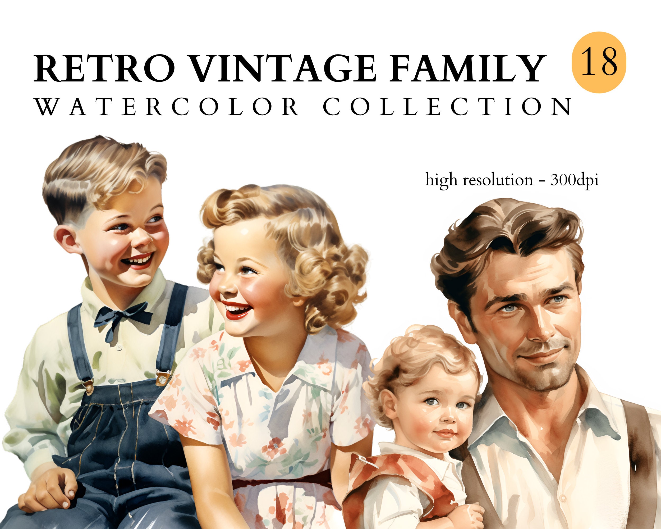 Retro and Vintage Family Watercolor Clipart - 1950s Clip Art, Retro ...