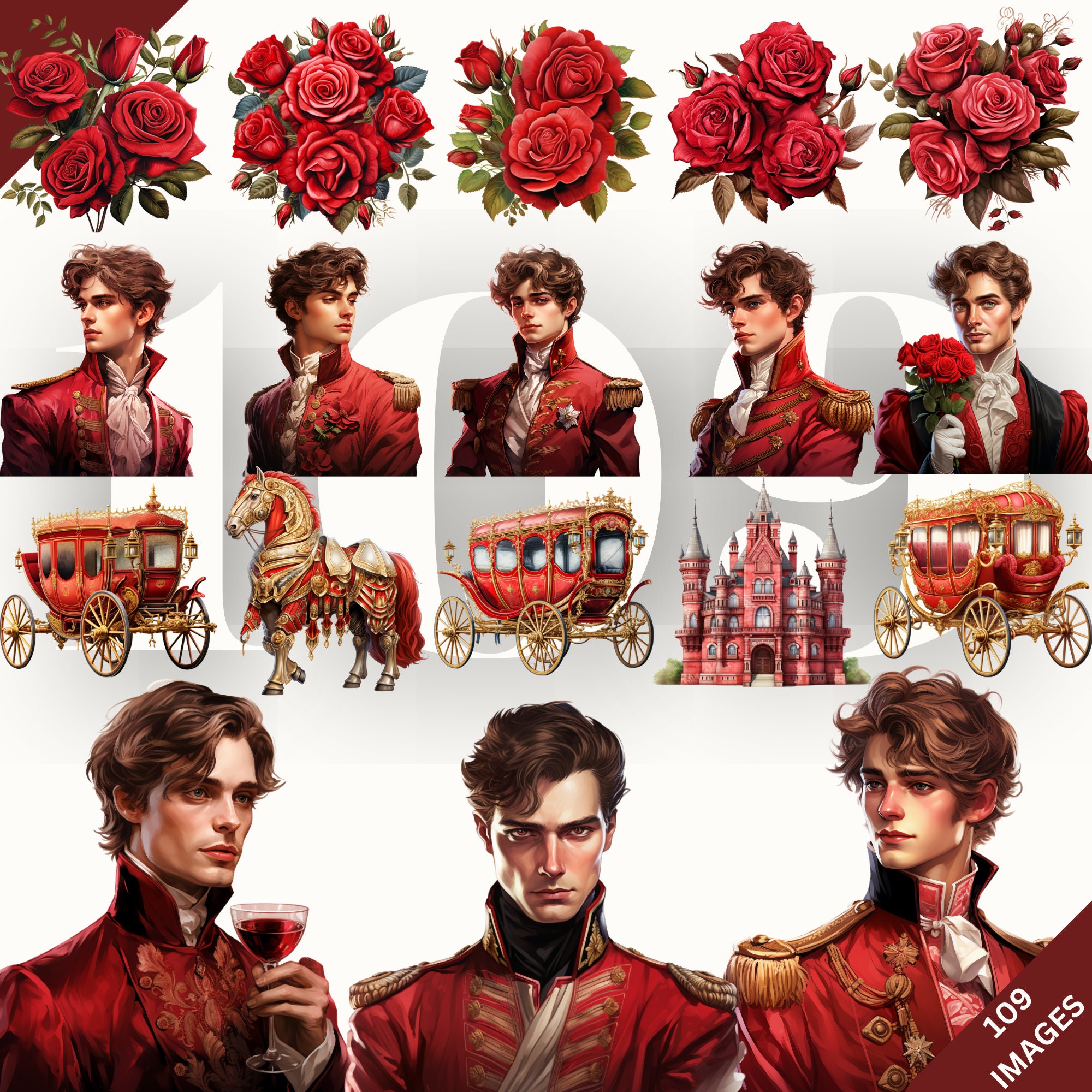 Big Victorian Red Rose Watercolor Clipart Bundle Vintage Prince Clip ...