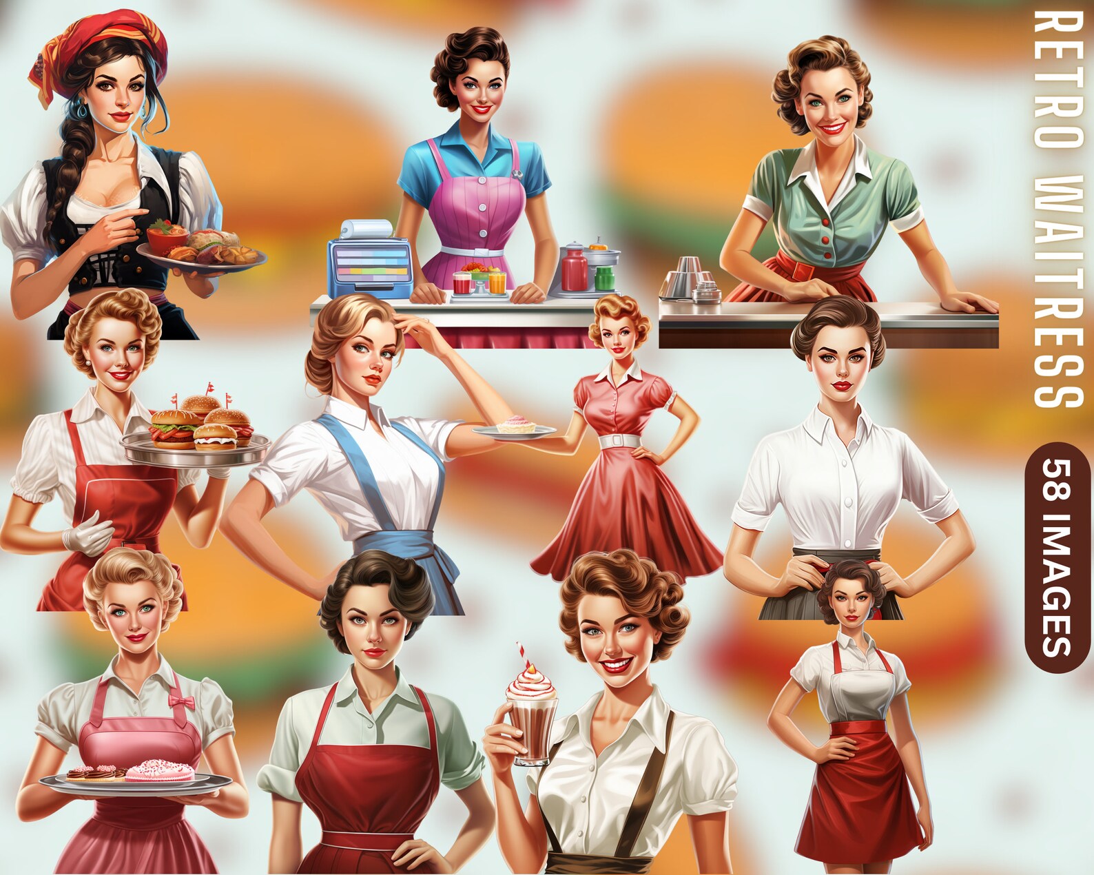Retro Waitress Clipart: 50s Diner Pngs, Vintage Food Server Art ...